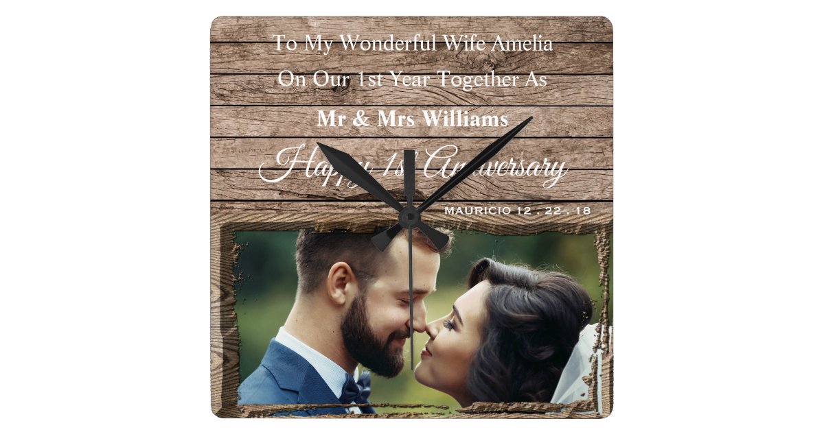 1st wedding anniversary wooden photo frame clock | Zazzle.com