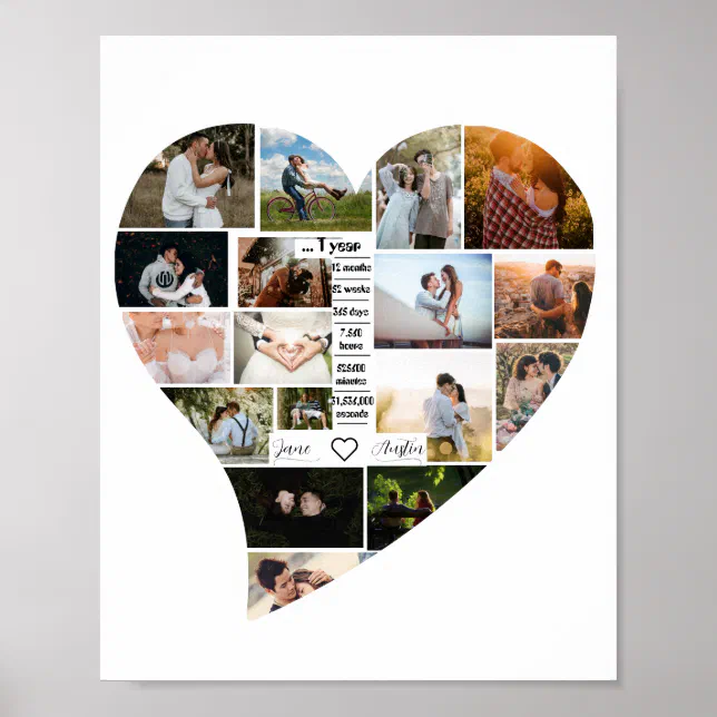 1st Year Anniversary Heart Shaped Photo Collage Poster | Zazzle