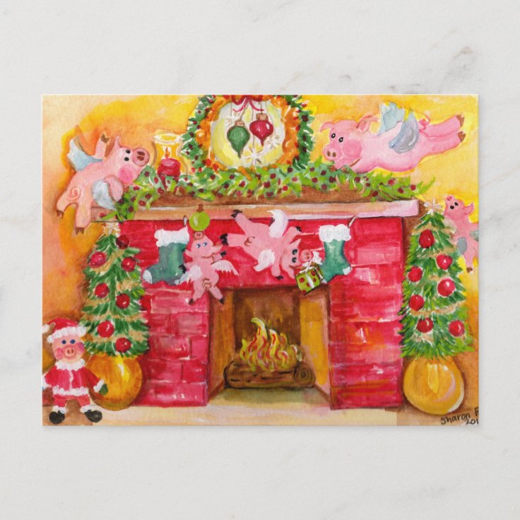 2010 Christmas Decorating Flying Pigs Postcard | Zazzle