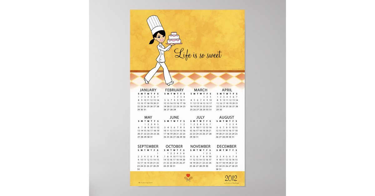 2012 Kitchen Calendar with Cake Chef Art Poster | Zazzle