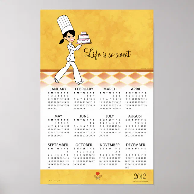 2012 Kitchen Calendar with Cake Chef Art Poster | Zazzle