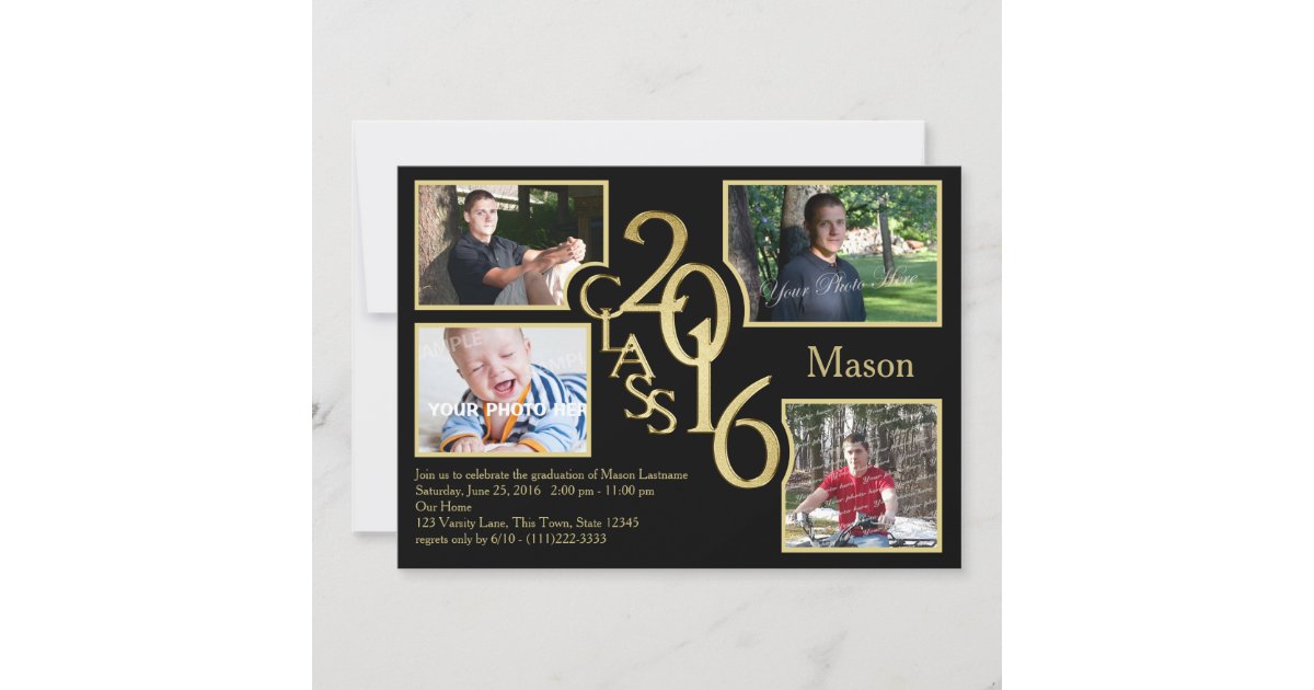 2016 Graduation Class of Quad Photo Black Invitation | Zazzle