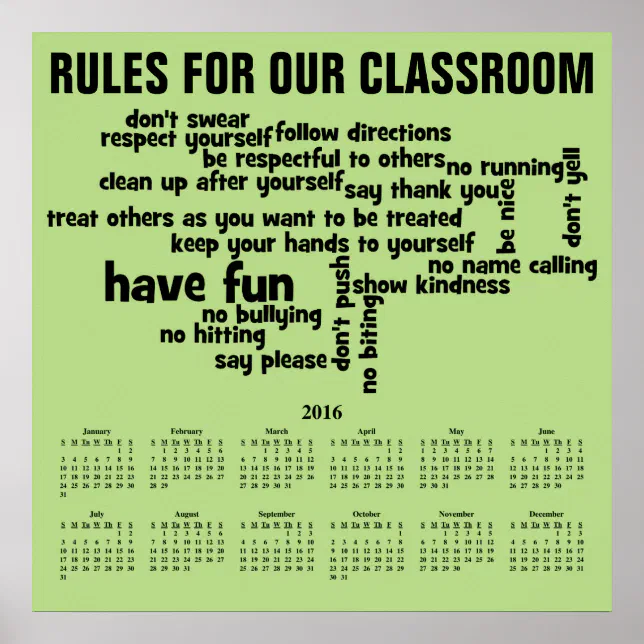 2016 Wall Calendar Rules for Our Classroom Poster | Zazzle