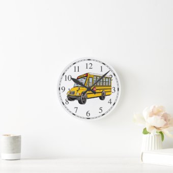2017 School Bus Cartoon Round Clock | Zazzle
