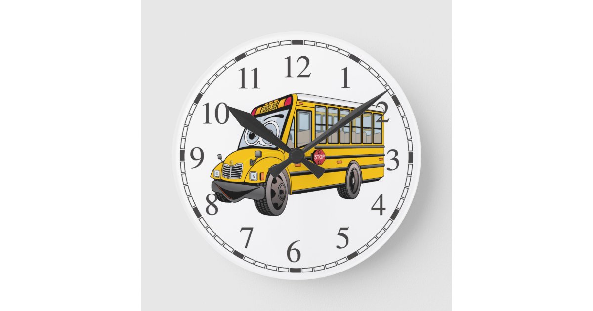 2017 School Bus Cartoon Round Clock | Zazzle