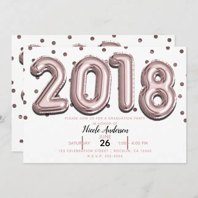 2018 GRADUATION PARTY Rose Gold Confetti Balloons Invitation | Zazzle