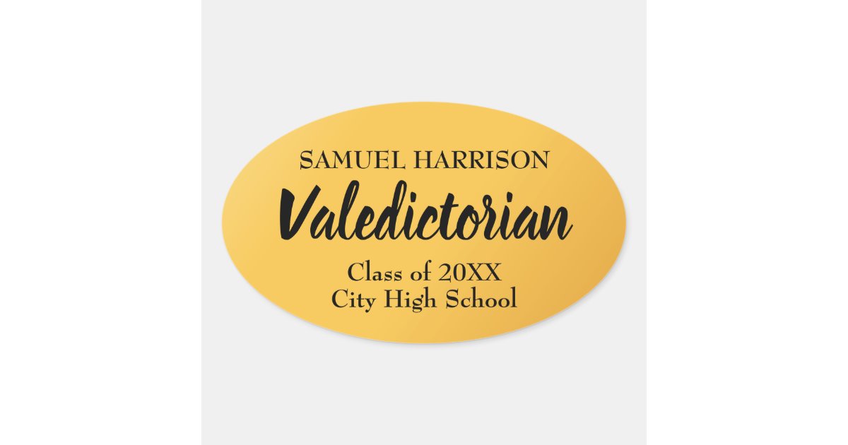 2018, Valedictorian Personalized Gold Graduation Oval Sticker | Zazzle
