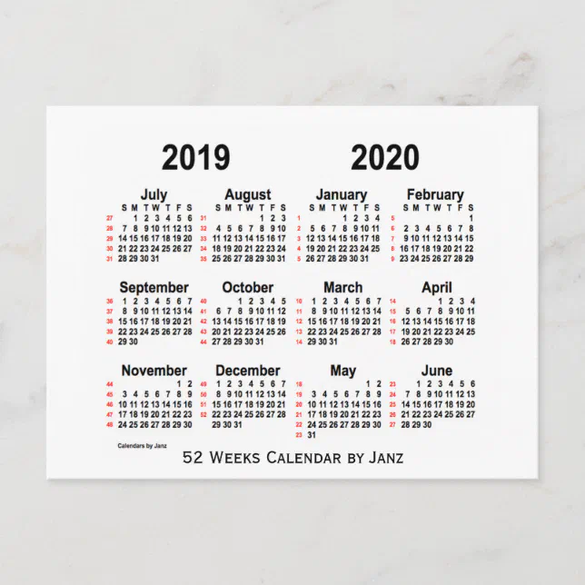 2019-2020 White 52 Weeks Calendar by Janz Postcard | Zazzle