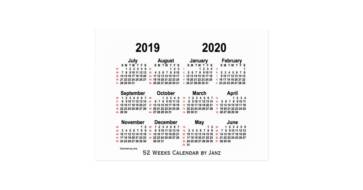 2019-2020 White 52 Weeks Calendar by Janz Postcard | Zazzle.com