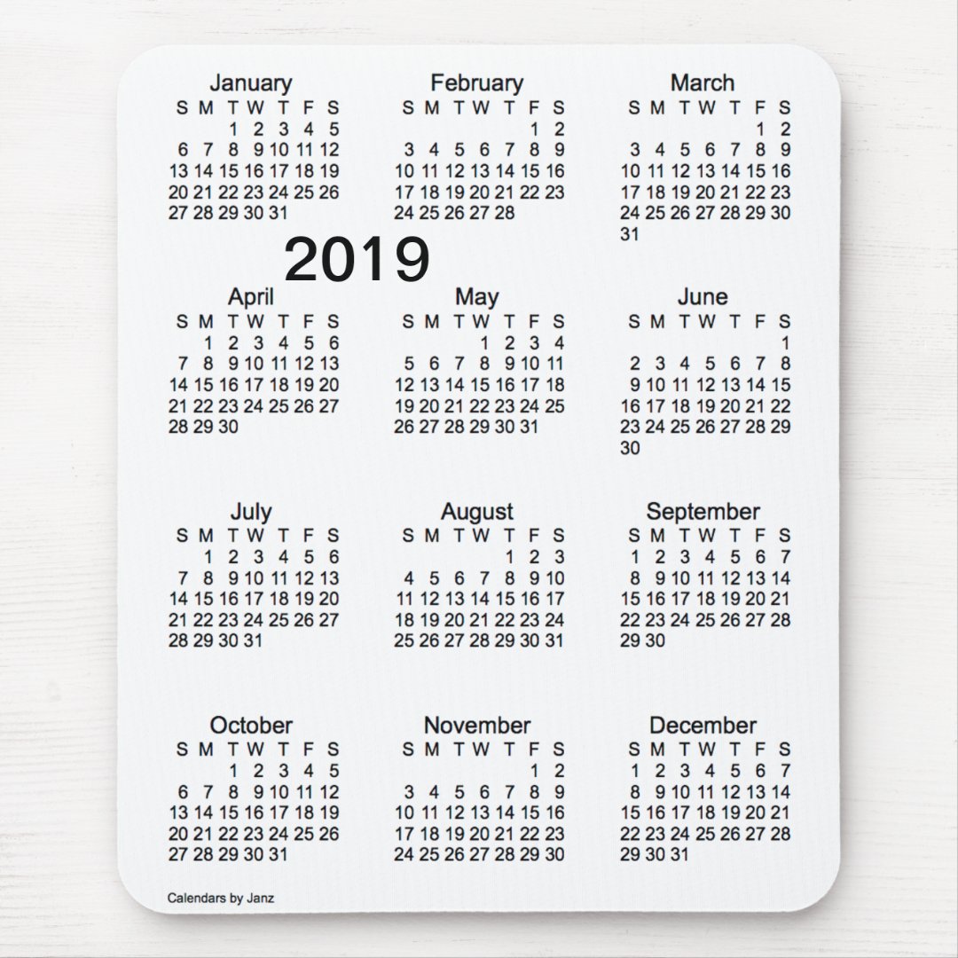 2019 Black and White Large Print Calendar by Janz Mouse Pad | Zazzle