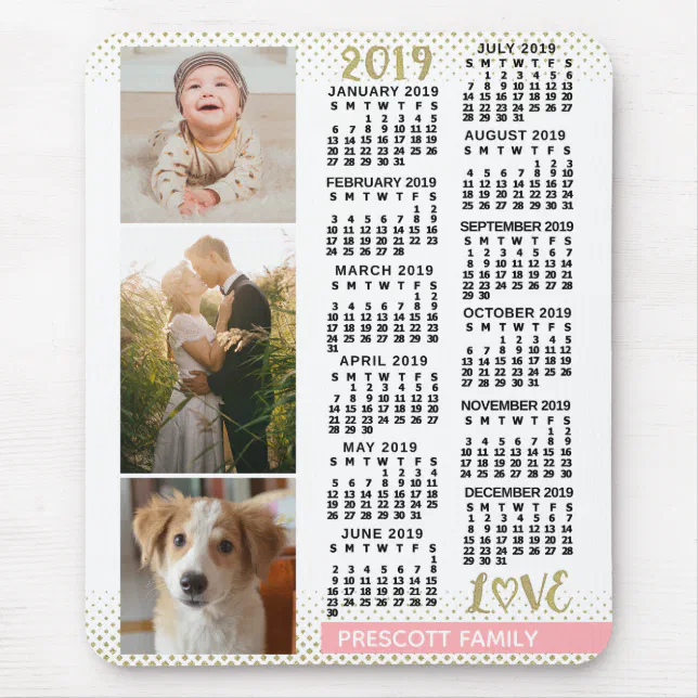 2019 Calendar Blush Pink Gold Family Photo Collage Mouse Pad | Zazzle