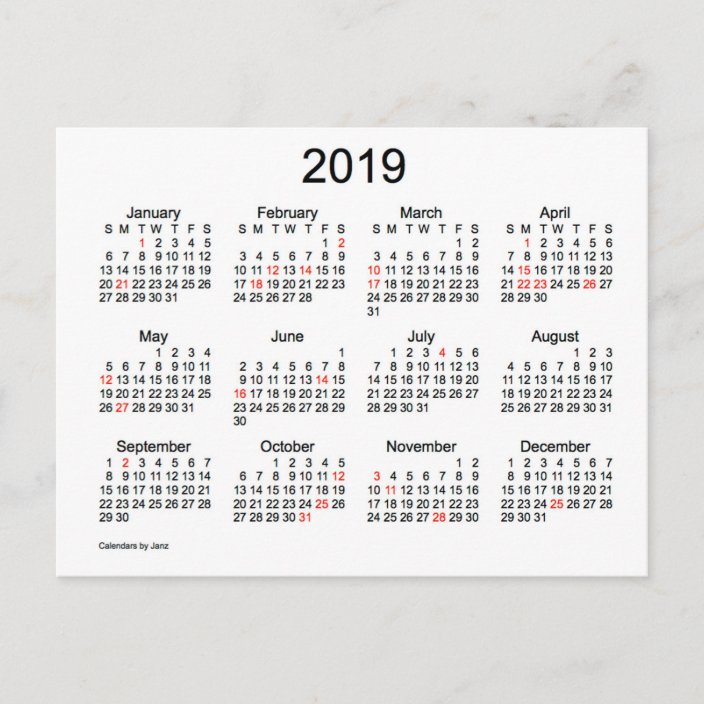 2019 Mini Calendar with Holidays Holiday Postcard | Zazzle.com