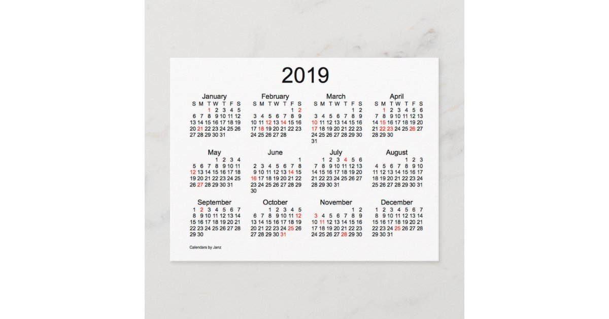 2019 Mini Calendar with Holidays Holiday Postcard | Zazzle