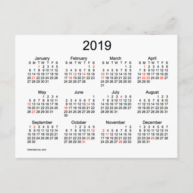 2019 Mini Calendar with Holidays Holiday Postcard | Zazzle