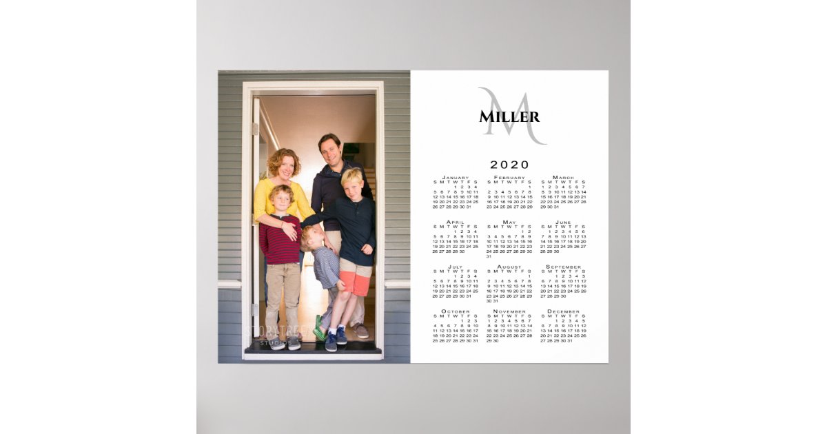 2020 Calendar Custom Photo Monogram Name on White Poster | Zazzle