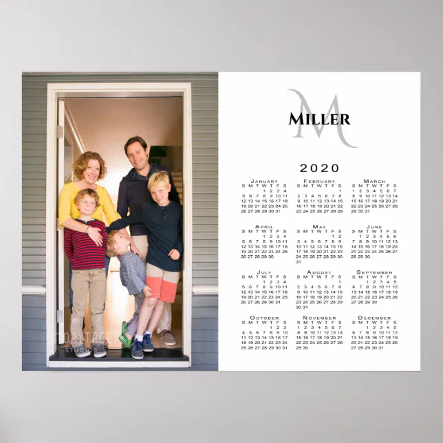 2020 Calendar Custom Photo Monogram Name on White Poster | Zazzle