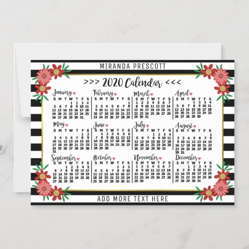 2020 Calendar Preppy Floral Stripes Custom Name Magnetic Invitation ...
