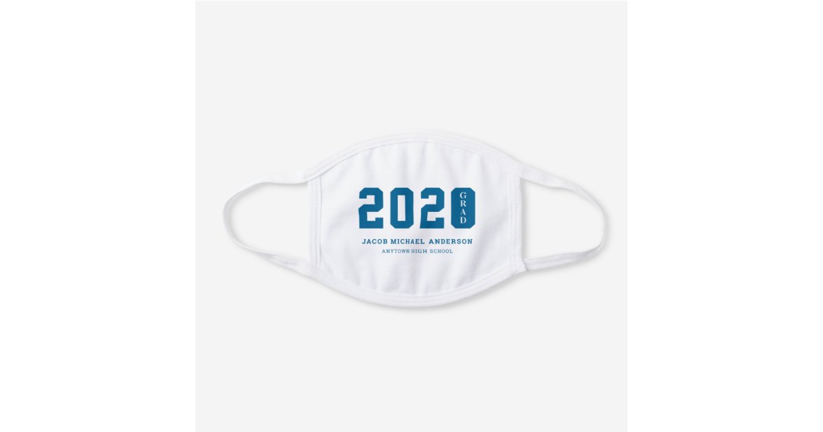 2020 Grad with Name and School in Blue White Cotton Face Mask | Zazzle
