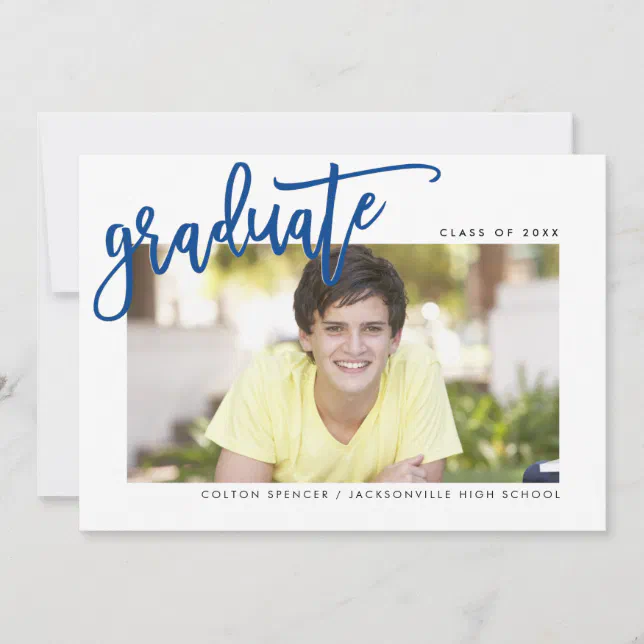 2020 GRADUATE modern lettered overlay royal blue Thank You Card | Zazzle