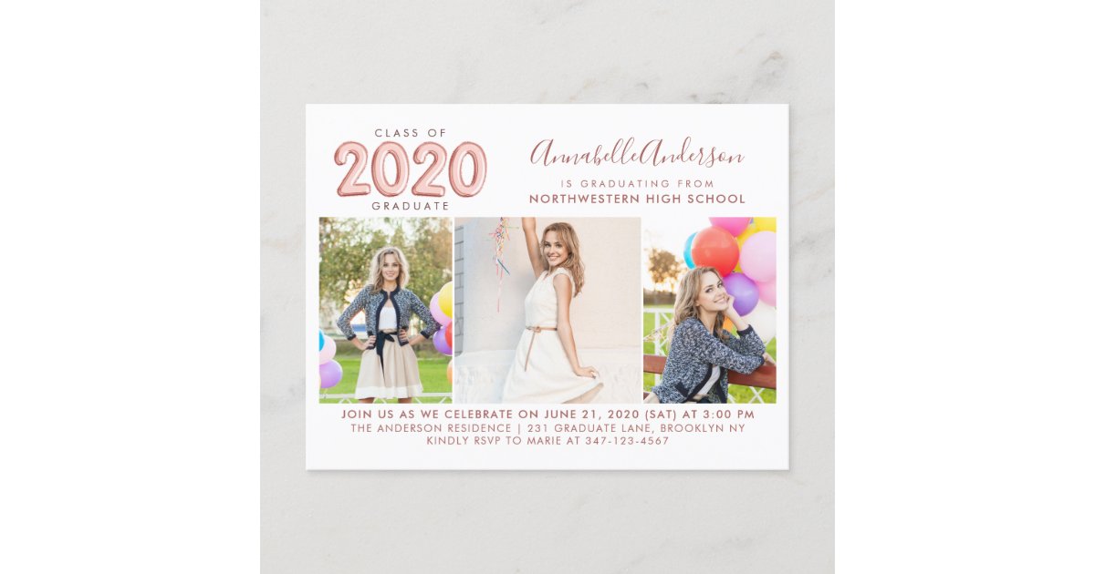 2020 Graduate Rose Gold 3 Photo Graduation Party Invitation Postcard ...