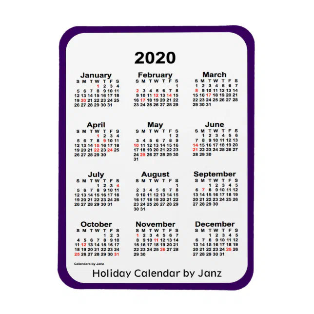 2020 Holiday Calendar by Janz Purple Magnet | Zazzle