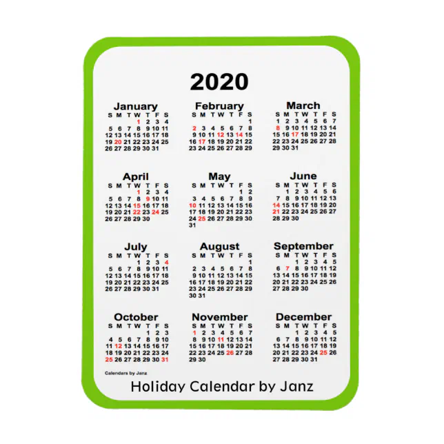 2020 Holiday Calendar by Janz Yellow Green Magnet | Zazzle