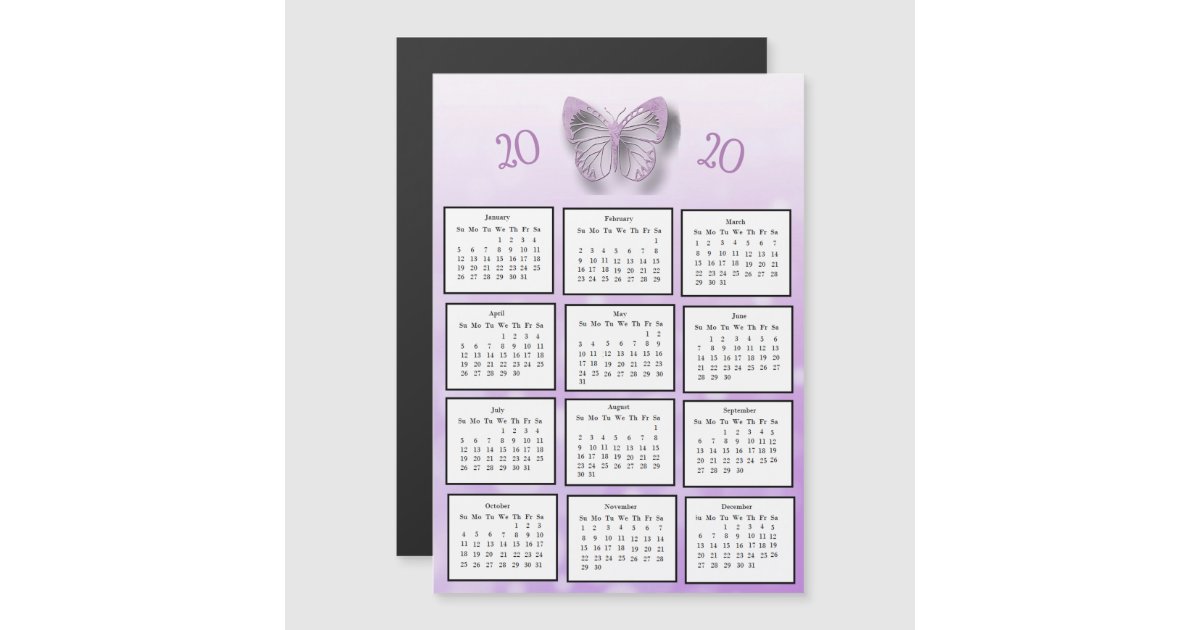 2020 Mini Calendar Purple Butterfly Magnetic Invitation | Zazzle