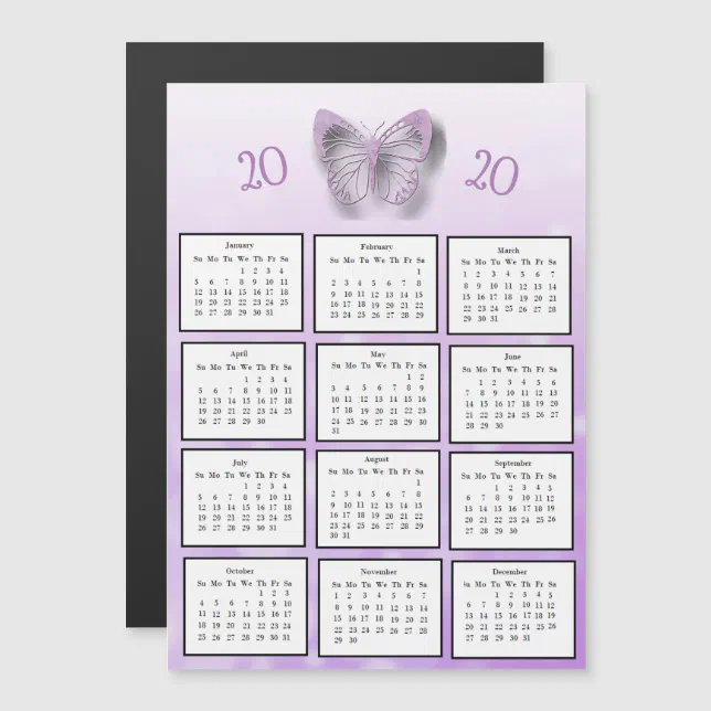 2020 Mini Calendar Purple Butterfly Magnetic Invitation | Zazzle