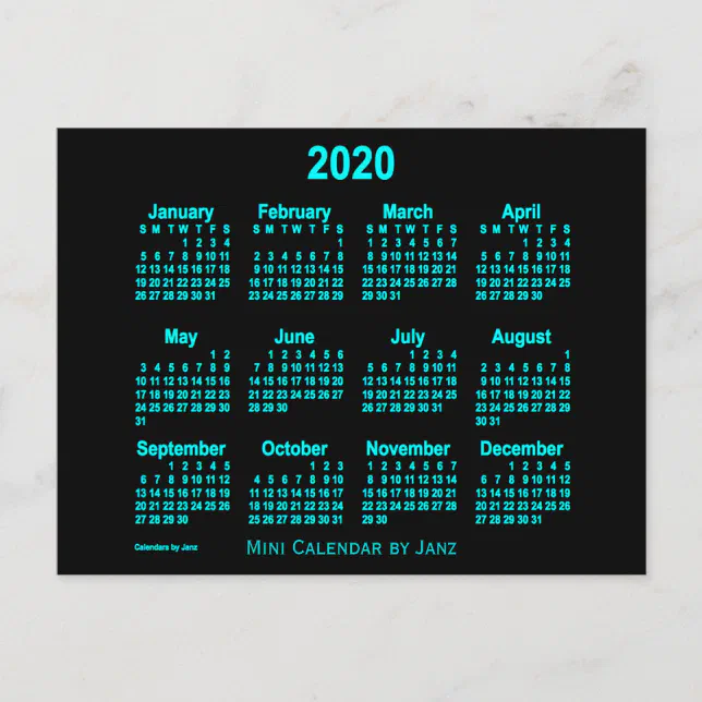 2020 Neon Blue Mini Calendar by Janz Postcard | Zazzle