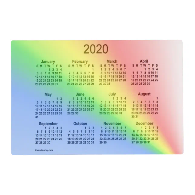 2020 Rainbow Laminated Calendar by Janz Placemat | Zazzle