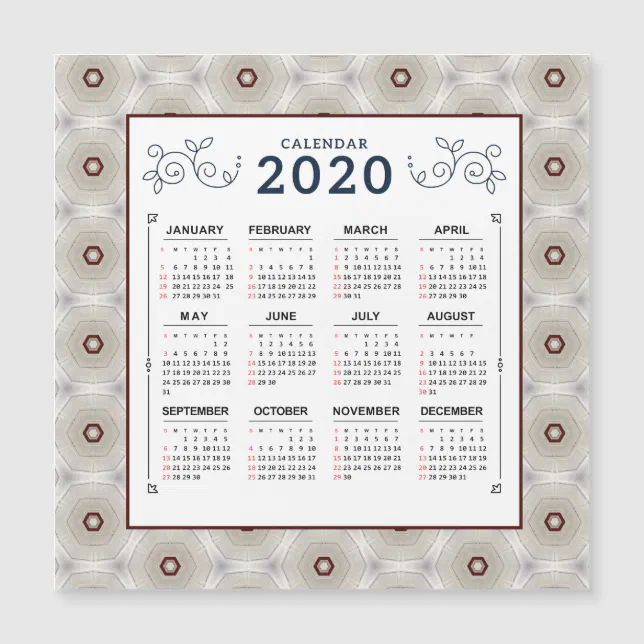 2020 Year Calendar Red White Pattern Magnet | Zazzle