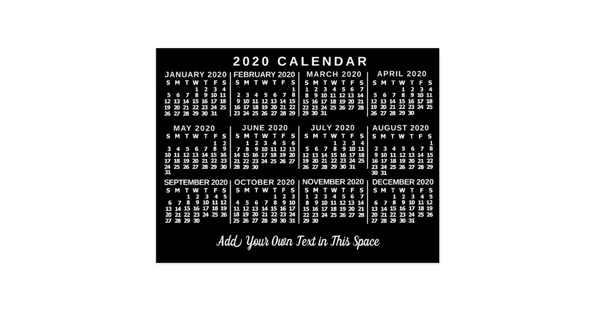 2020 Year Monthly Calendar Classic Black and White Postcard | Zazzle.com