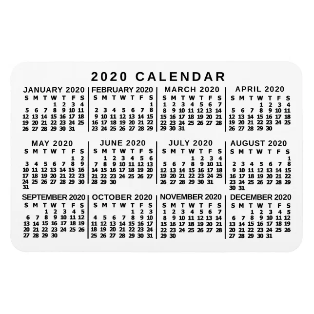 2020 Year Monthly Calendar Classic White and Black Magnet | Zazzle