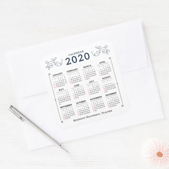 2020 Year Monthly Calendar Personalize Custom Square Sticker | Zazzle