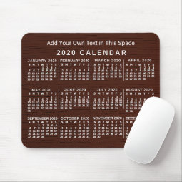 2020 Year Monthly Calendar Wood Grain Custom Text Mouse Pad | Zazzle