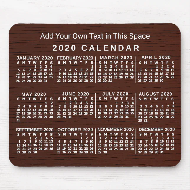 2020 Year Monthly Calendar Wood Grain Custom Text Mouse Pad | Zazzle