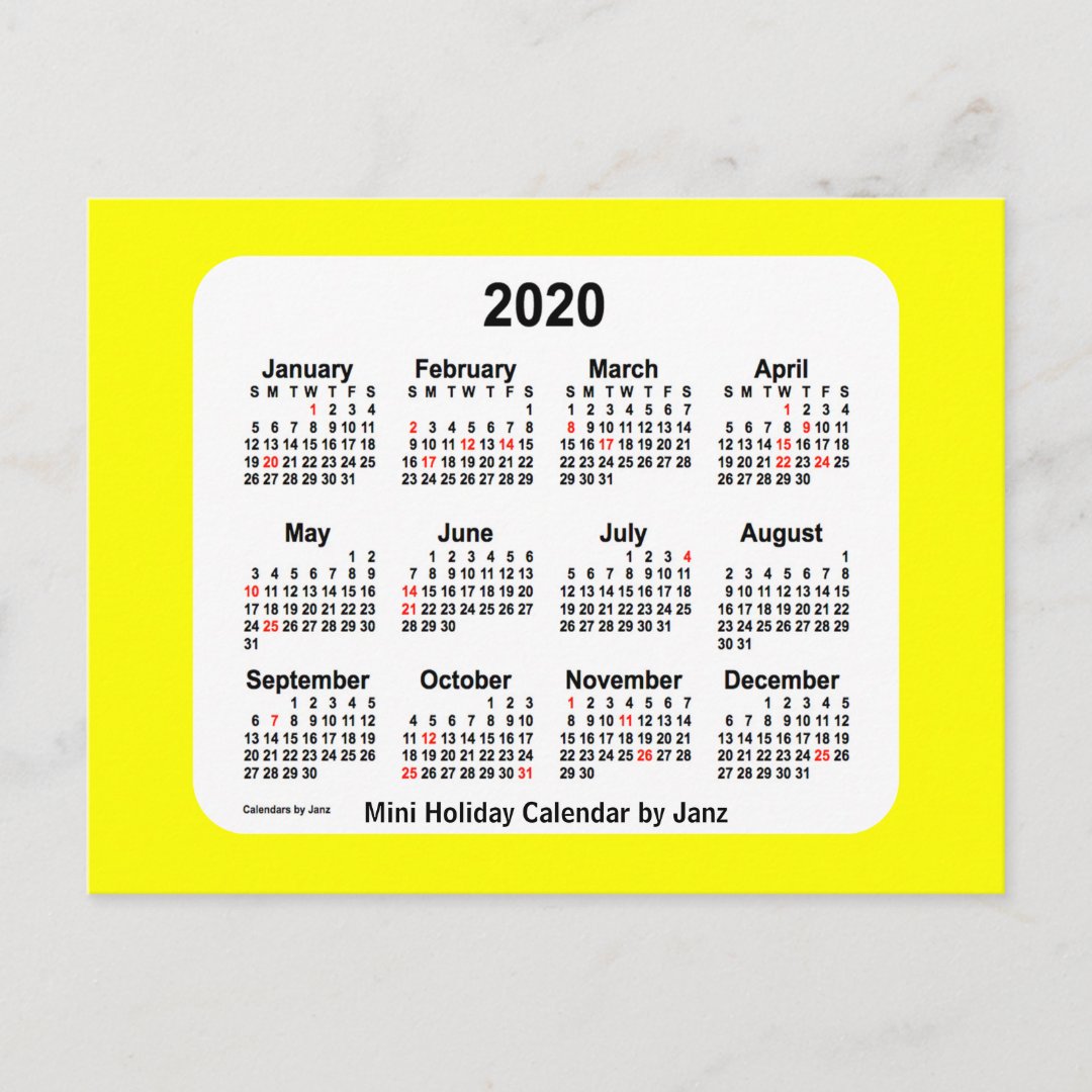 2020 Yellow Holiday Calendar by Janz Postcard | Zazzle