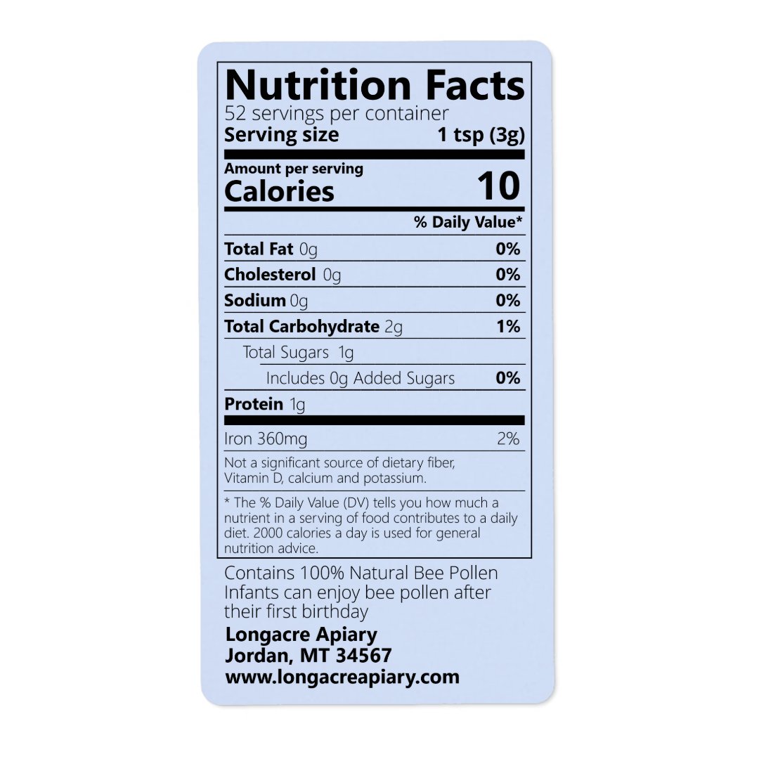 2021 Bee Pollen Nutrition Facts Blue Product Label | Zazzle
