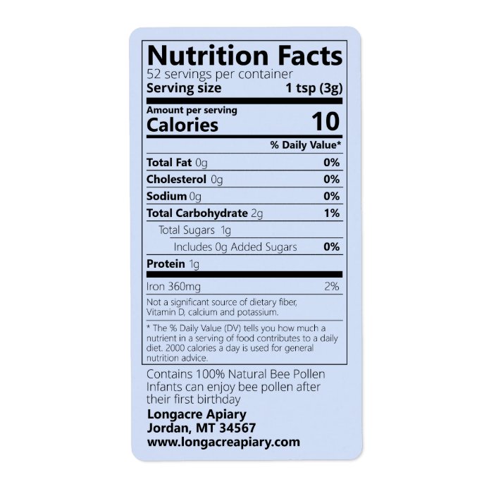2021 Bee Pollen Nutrition Facts Blue Product Label | Zazzle.com