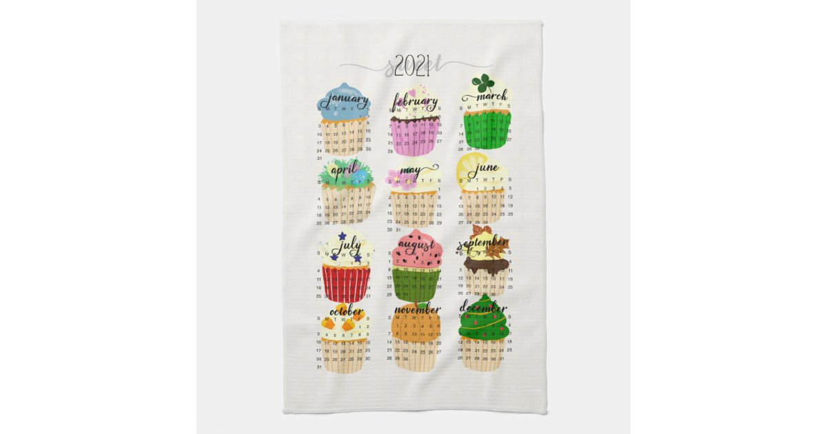 2021 Calendar Cupcake Kitchen Tea Towel | Zazzle