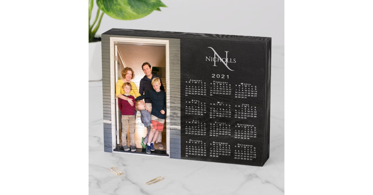 2021 Calendar Custom Photo Monogram Name on Black Wooden Box Sign | Zazzle