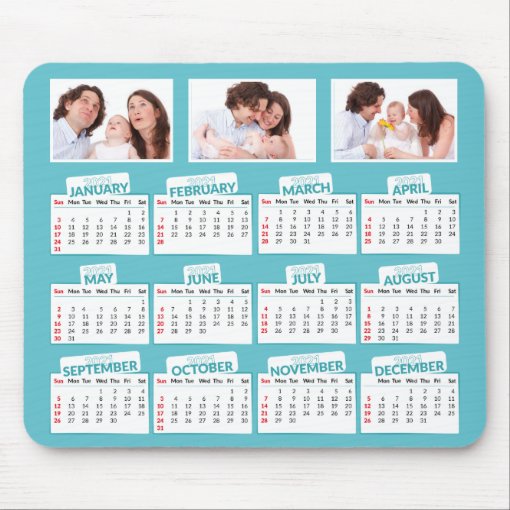 2021 Calendar Custom Photo Trio Teal Mouse Pad | Zazzle