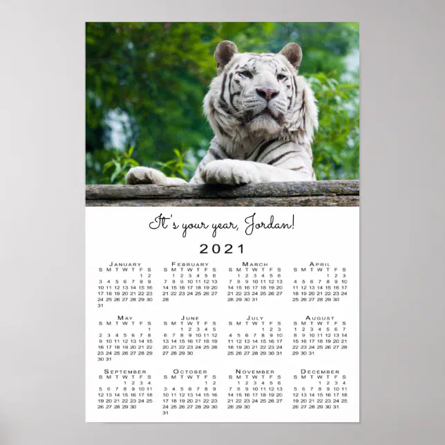 2021 Calendar Custom White Tiger Photo Name Text Poster | Zazzle