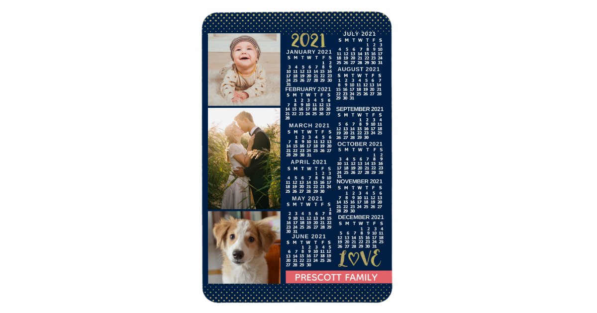 2021 Calendar Navy Coral Gold Family Photo Collage Magnet | Zazzle