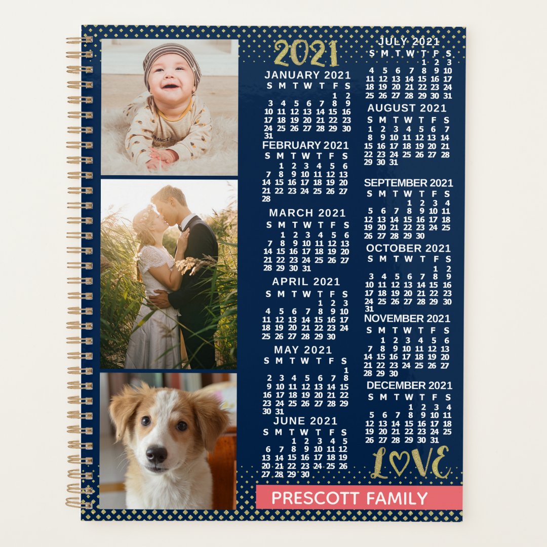 2021 Calendar Navy Coral Gold Family Photo Collage Planner | Zazzle