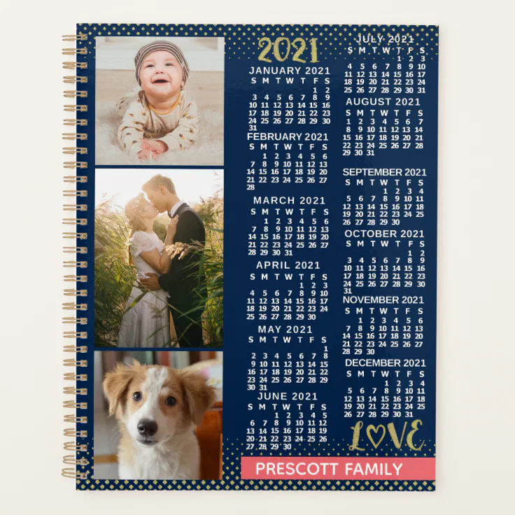 2021 Calendar Navy Coral Gold Family Photo Collage Planner | Zazzle