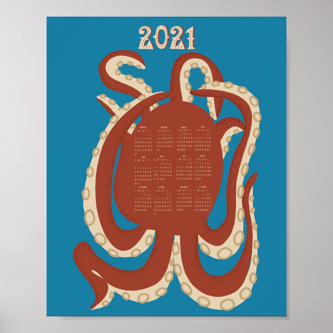 2021 Octopus Red and Blue Calendar Poster | Zazzle