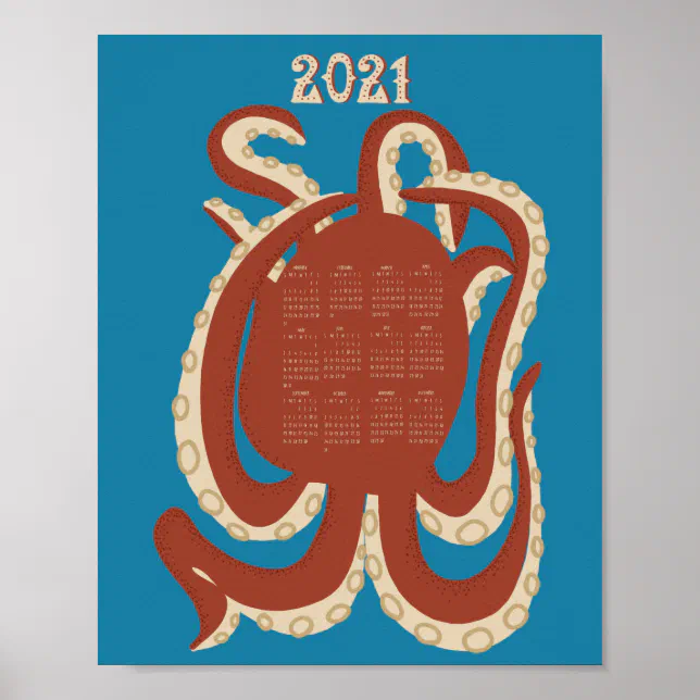 2021 Octopus Red and Blue Calendar Poster | Zazzle