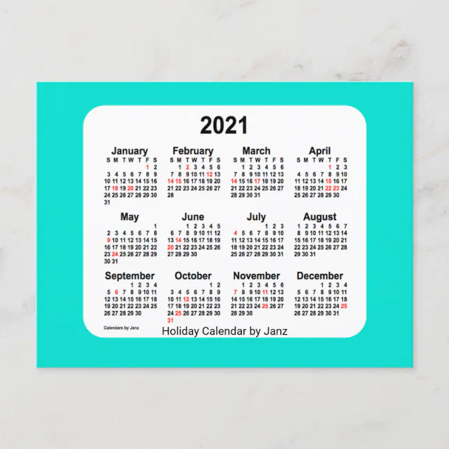 2021 Turquoise Holiday Mini Calendar by Janz | Zazzle