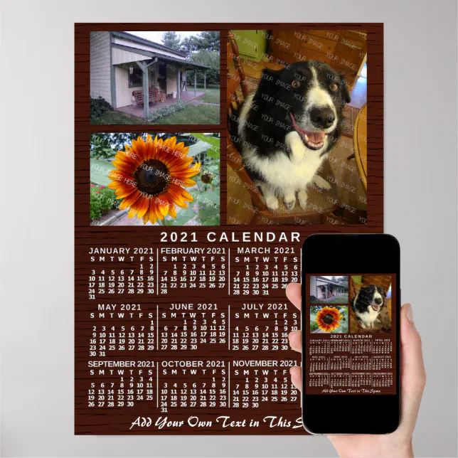 2021 Year Monthly Calendar Wood Custom 3 Photos Poster | Zazzle